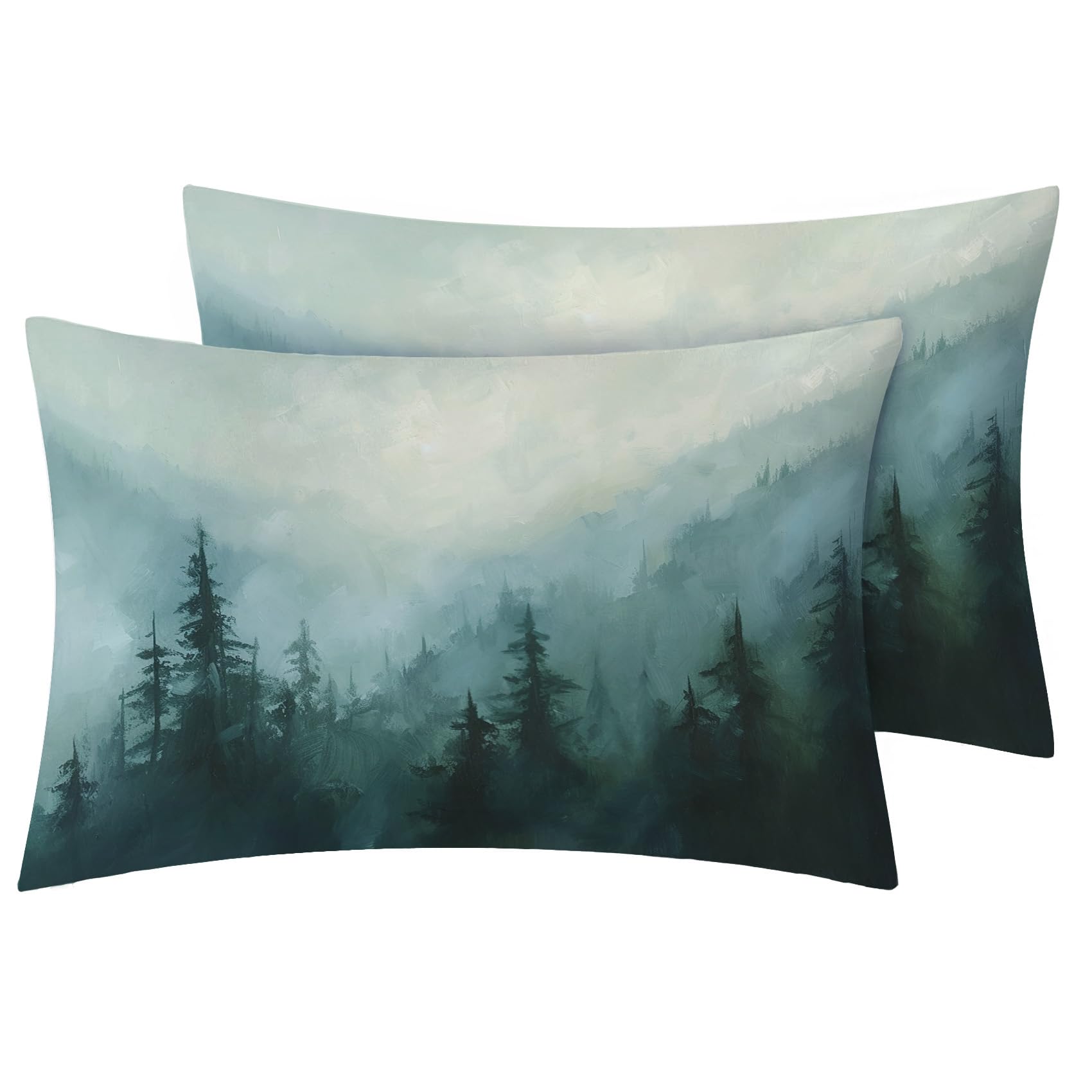 FJWXCBD Misty Forest Bedding King Size Duvet Cover Set 3 Piece, Nature Landscape Bedroom Decor, Fog Woodland Duvet Cover & 2 Pillow Shams, with Zipper & Ties, Super Soft Microfiber