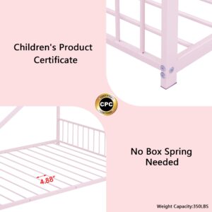 Metal Montessori Floor Bed, Full Size House Bed Frame with Headband and Slats, Full Floor Bed/Cute Montessori Bed for Kids, Girls, Boys(Full Pink)