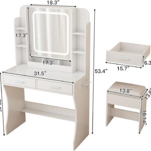 Vanity Desk with Mirror and Lights, Makeup Vanity Table with 2 Drawers and Shelves, Built-in Power Outlet and Hairdryer Holder, 3 Color Modes Available, Vanity Desk with Chair Set for Bedroom, White