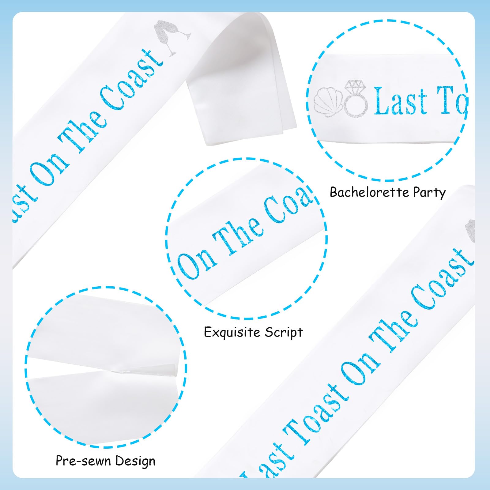 JOYMEMO Last Toast on the Coast Sash, White Champagne Sea Shell Sash for Coastal Bachelorette Bridal Shower Engagement Wedding Decor, Beach Nautical Theme Party Decorations Supplies