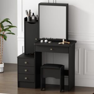 ROMSHINE Small Vanity Desk with Mirror, Makeup Vanity with Shelves & 4 Drawers, Vanity Table Set for Bedroom, Sliding Mirror, Cushioned Stool, Space-Saving, Black, 35.2”W x 15.7”D x 52.4”H