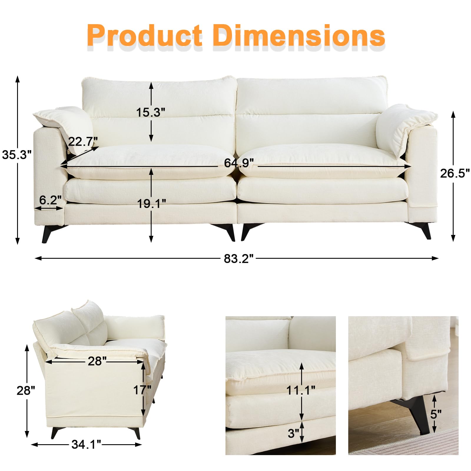 TUNYI 83.2" Loveseat Sofa - Chenille Sofas & Couches with Double Cushions, Removeable Armrest Pillow Loveseat Couch Sofa for Living Room/Apartment/Office (White)