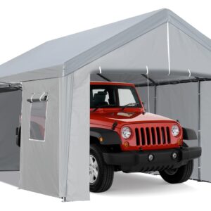 GarveeLife Carport 13x20FT, Heavy Duty Carport Canopy, Portable Garage with Removable Sidewalls & Doors, Roll Up Mesh Window, PE Waterproof Canopy, Reinforced Steel Pipes Tube Wall Thickness, Grey