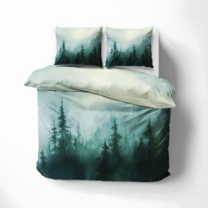 FJWXCBD Misty Forest Bedding King Size Duvet Cover Set 3 Piece, Nature Landscape Bedroom Decor, Fog Woodland Duvet Cover & 2 Pillow Shams, with Zipper & Ties, Super Soft Microfiber