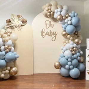 Dusty Blue and Gold Balloons, 60 PCS 12 Inch Sand White Slate Blue Fog Pastel Baby Blue Metallic Gold Balloons for Baby Boy Shower Bridal Shower Birthday Wedding Party Decorations