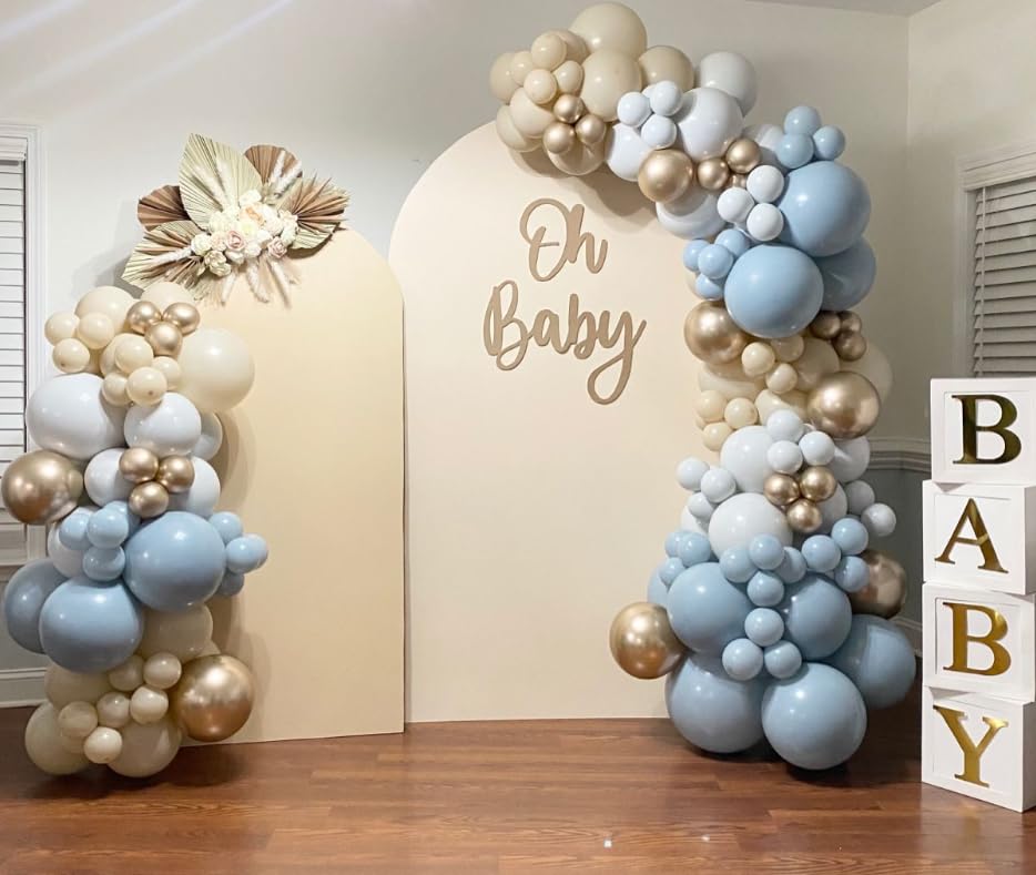 Dusty Blue and Gold Balloons, 60 PCS 12 Inch Sand White Slate Blue Fog Pastel Baby Blue Metallic Gold Balloons for Baby Boy Shower Bridal Shower Birthday Wedding Party Decorations