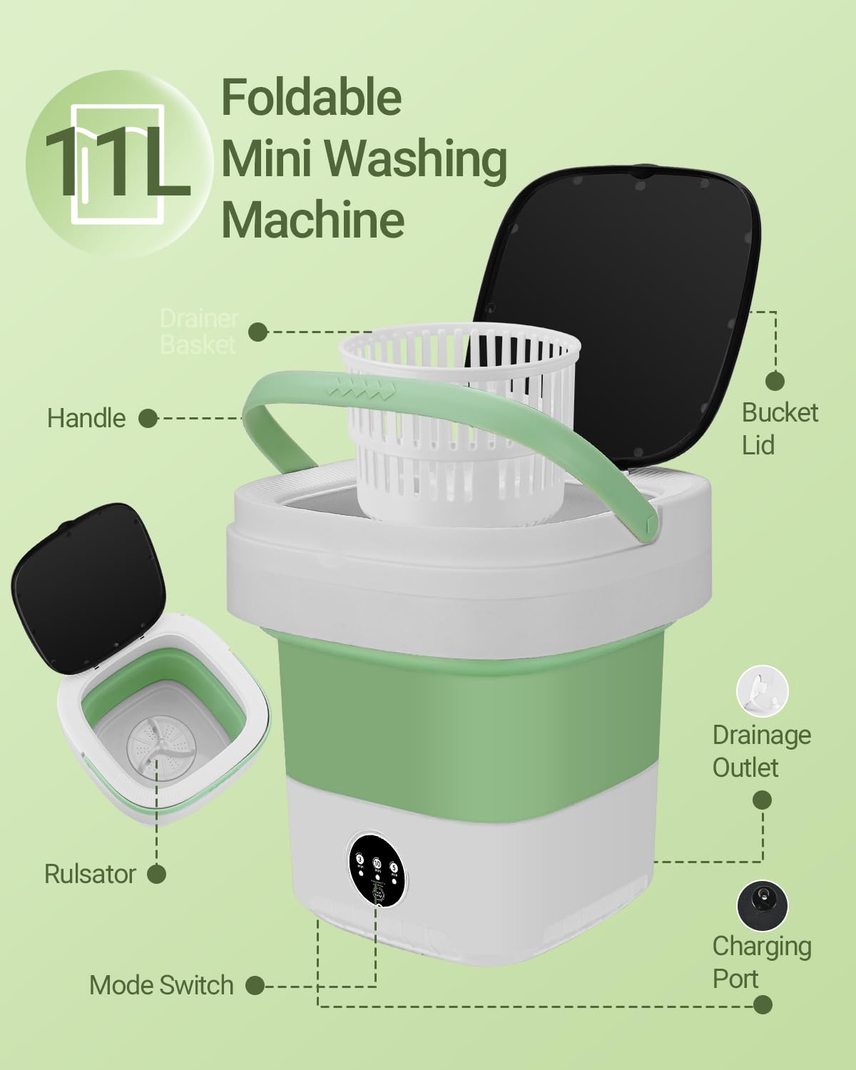 NISHCON Portable Washing Machine, 11L Upgraded Large Capacity Mini Washer with Spin Basket, Small Washing Machine for Apartments, Travel Laundry, Camping, RV, Dorm (Green+White)