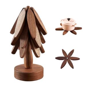 wooden trivets for hot dishes, christmas trivets tree shape set of 3, for hot pots & pans, heat resistant collapsible coasters, for teapot kitchen counter (walnut color)