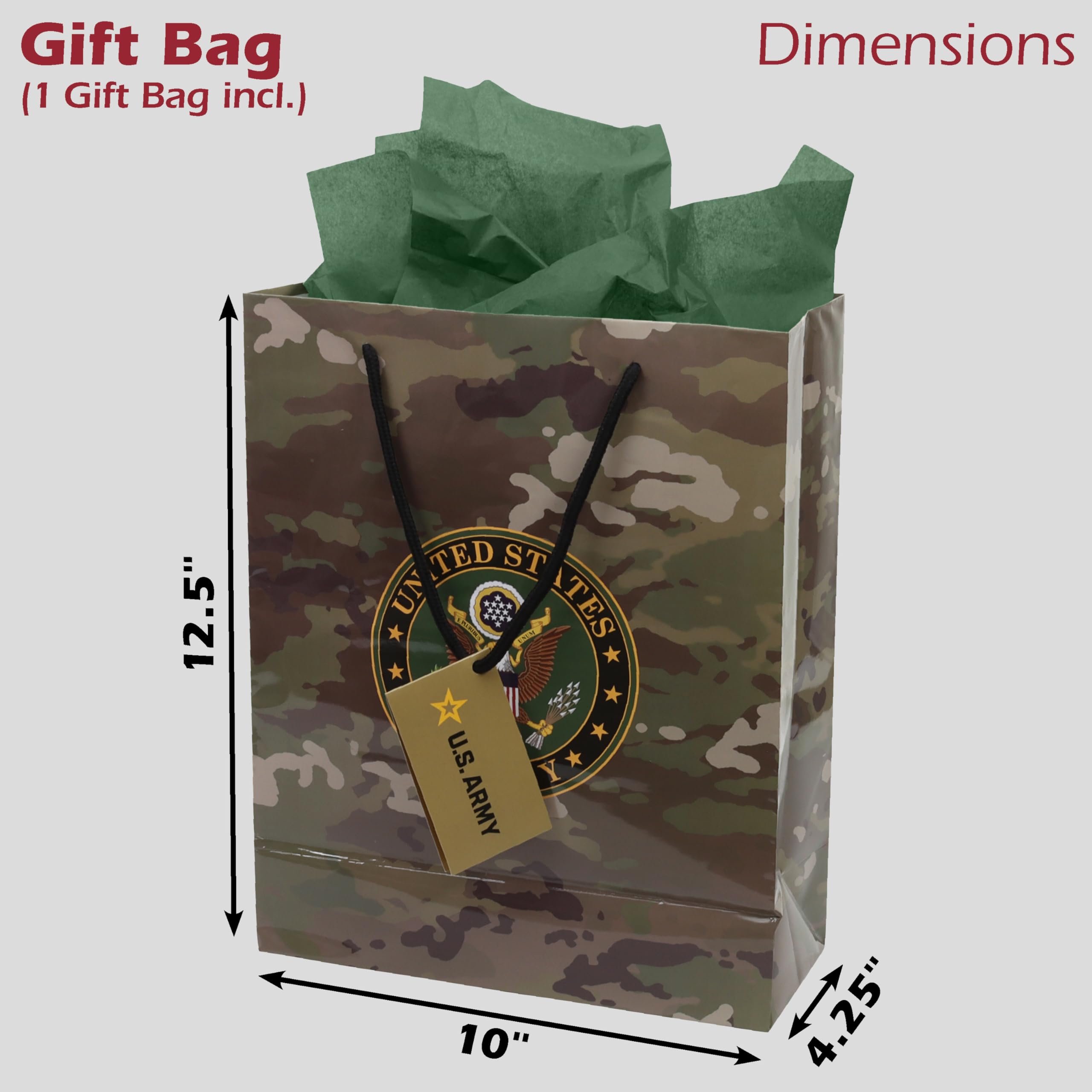 Havercamp U.S. Army Gift Bag (1) Durable Medium Gift Bag Includes 2 Hunter Green Tissue Papers, Black Rope Handles & Gift Tag, Army Themed Gift Bag, Veteran Gifts (Army Brown & Green)