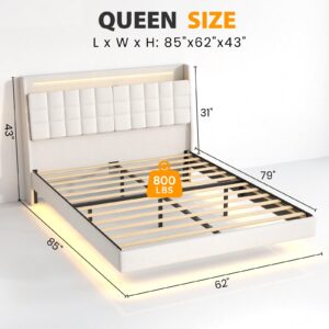 Zevemomo Floating Queen Bed Frame with Storage, Upholstered Platform Bed Frame Queen with LED Lights, Floating Bed Frame with Headboard, Charging Station with USB Ports, Noiseless, White