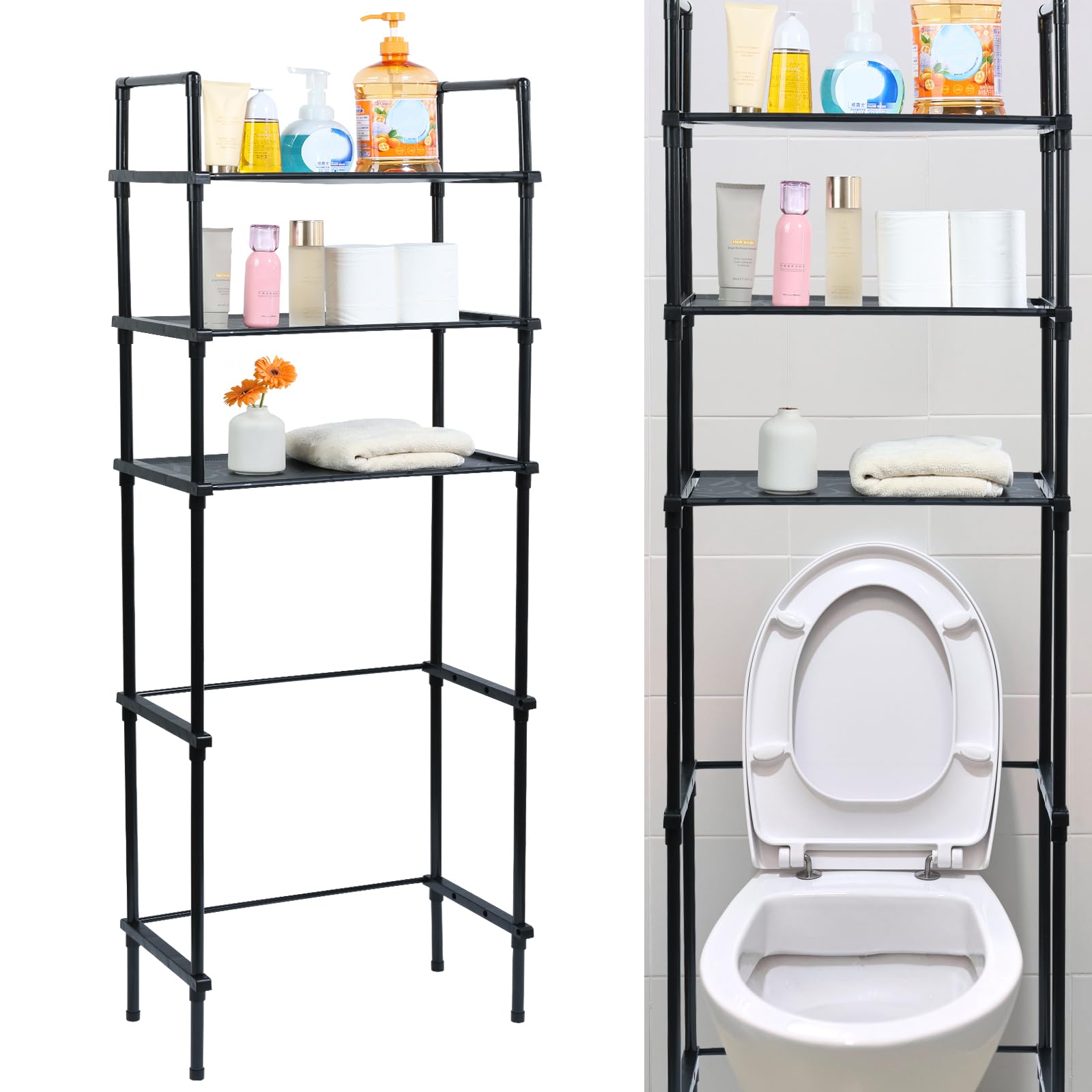 Over The Toilet Storage Shelf, 3-Tier Storage Cabinet Over Toilet, Above Toilet Storage Rack,Behind Toilet Shelf,Bathroom Organizer Freestanding Toilet Shelf Space Saver for Home Bathroom (Black)