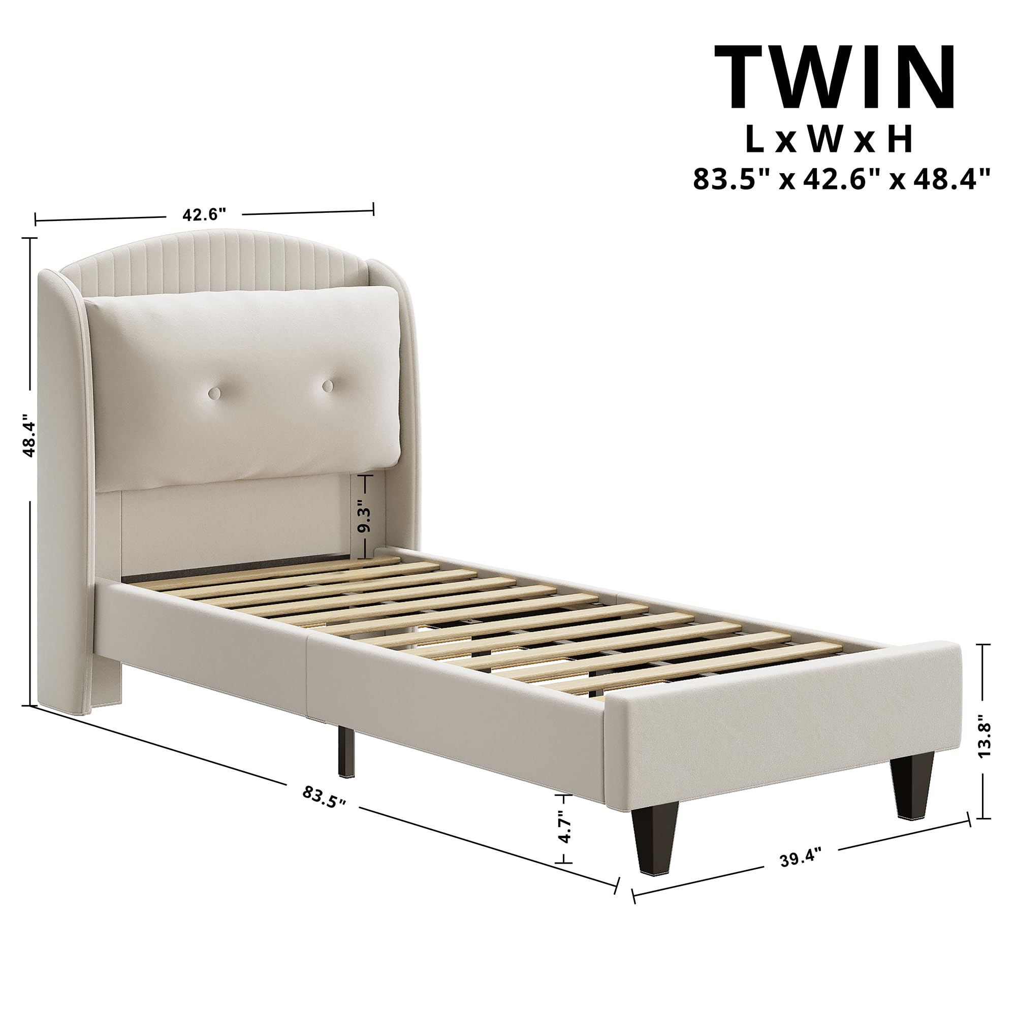 LIKIMIO Twin Size Bed Frame, Velvet Upholstered Twin Bed with Fabric Headboard Modern Wingback Bed Sofa-Style Cushions, No Box Spring Needed, Easy to Assemble, White