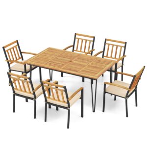 Tangkula 7 Pieces Patio Dining Set with Acacia Wood Dining Table & Armchairs, Soft Cushions, 2” Umbrella Hole, Outdoor Dining Furniture Set for Porch, Backyard, Garden, Poolside