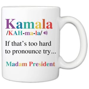 mycozycups kamala harris definition 11oz coffee mug, cat ladies for kamala 2024 cup, first female madam president gift for women equal rights liberal democrat, comma la mug