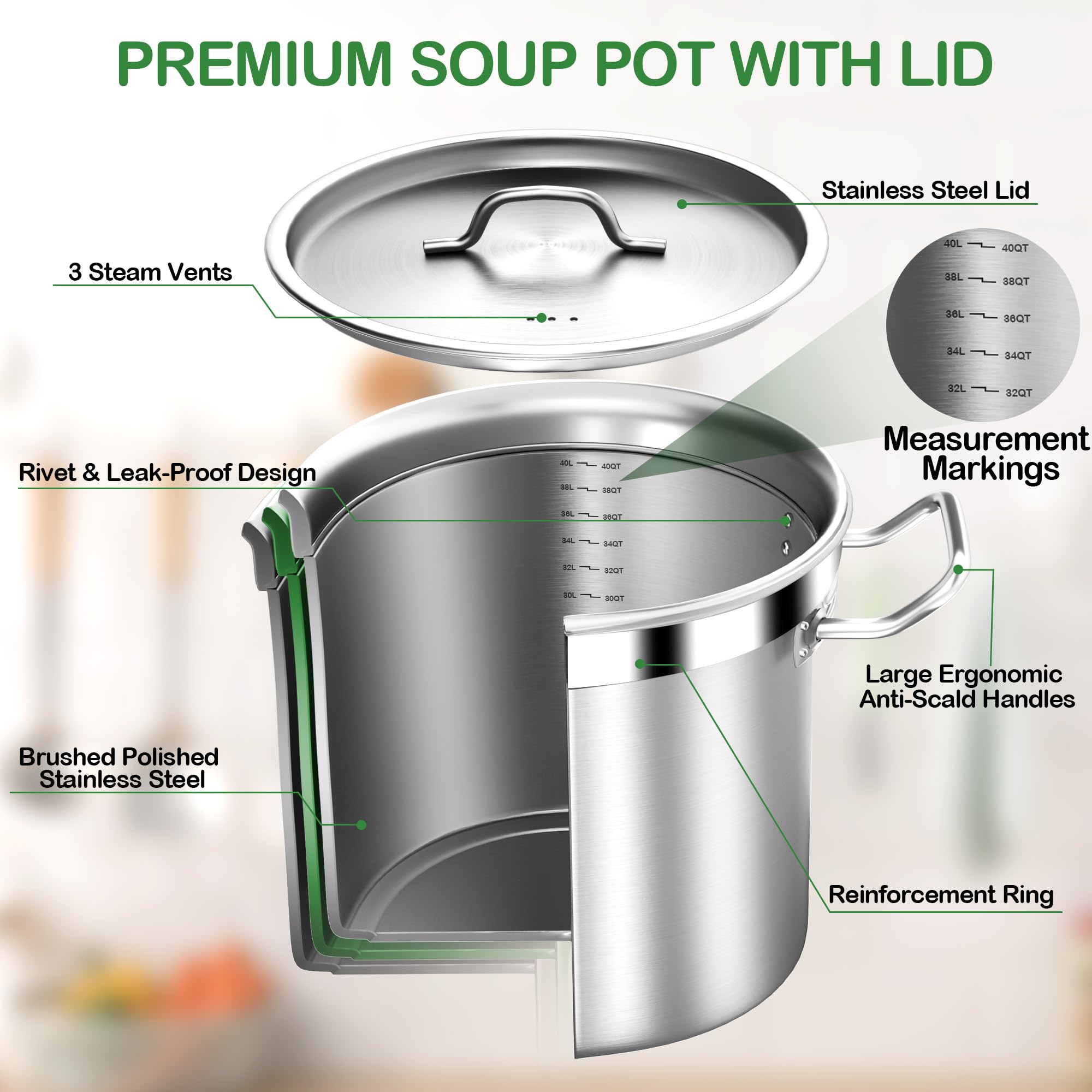 STOCKPOT Large Soup Pot with Lid - 40 Quart Stainless Steel Stockpot, Cooking Pot, Induction Pot, Stock Pot with Lid, Big Pots for Cooking, Heavy Duty Stew Pot Pozole Pot