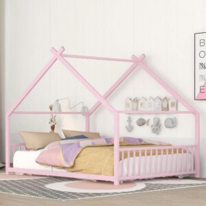 Metal Montessori Floor Bed, Full Size House Bed Frame with Headband and Slats, Full Floor Bed/Cute Montessori Bed for Kids, Girls, Boys(Full Pink)