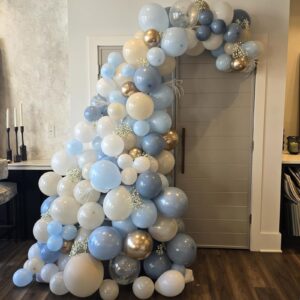 Dusty Blue and Gold Balloons, 60 PCS 12 Inch Sand White Slate Blue Fog Pastel Baby Blue Metallic Gold Balloons for Baby Boy Shower Bridal Shower Birthday Wedding Party Decorations