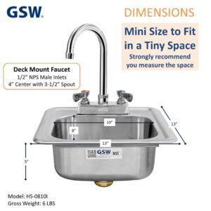 GSW HS-0810I Mini 13" x 13" Commercial Stainless Steel Drop-In Hand Sink with Gooseneck Faucet for Restaurants, Kitchens, Clinics, Bars