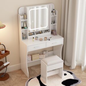 Vanity Desk with Mirror and Lights, Makeup Vanity Table with 2 Drawers and Shelves, Built-in Power Outlet and Hairdryer Holder, 3 Color Modes Available, Vanity Desk with Chair Set for Bedroom, White