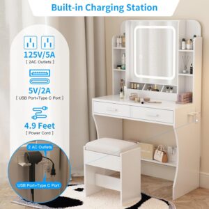 Vanity Desk with Mirror and Lights, Makeup Vanity Table with 2 Drawers and Shelves, Built-in Power Outlet and Hairdryer Holder, 3 Color Modes Available, Vanity Desk with Chair Set for Bedroom, White