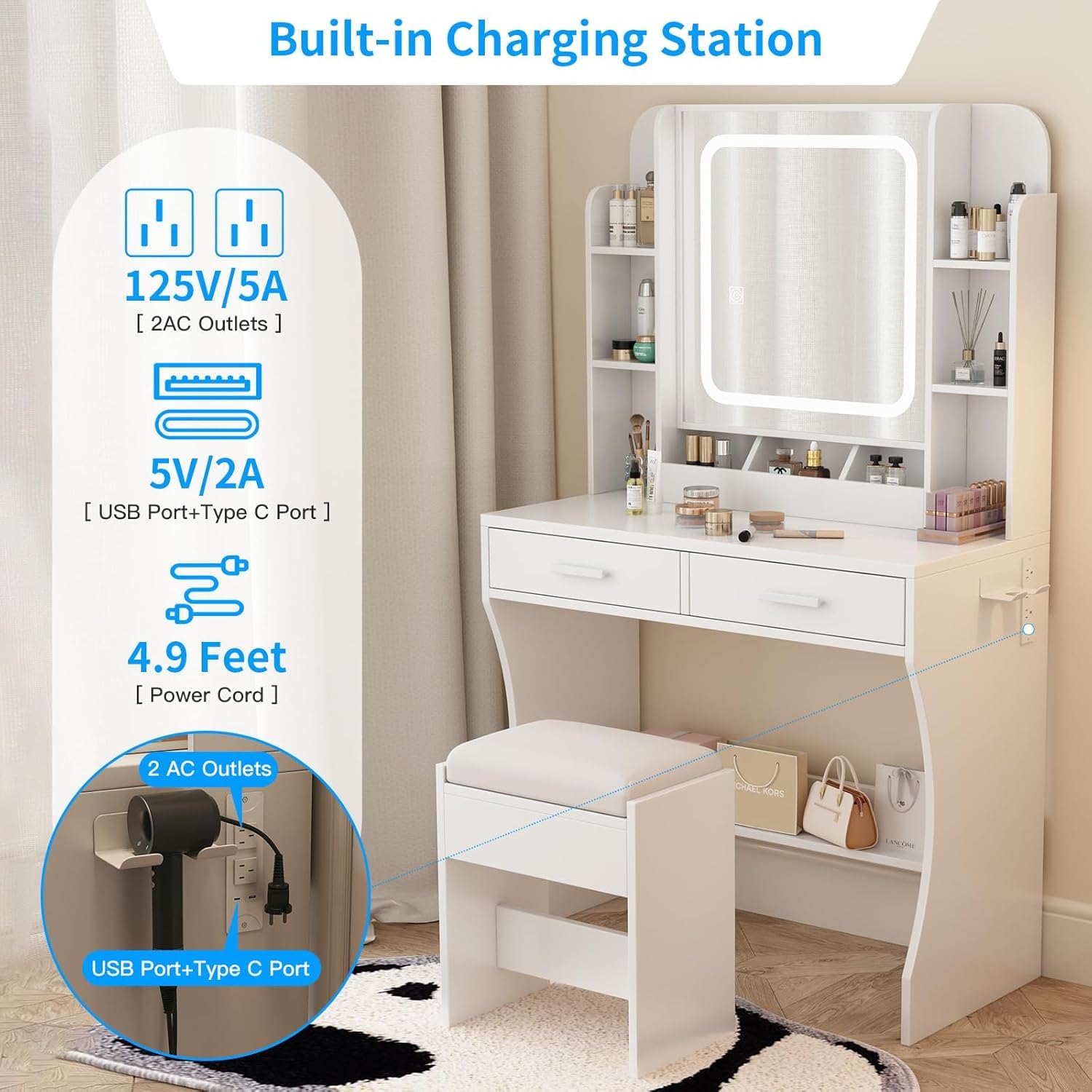 Vanity Desk with Mirror and Lights, Makeup Vanity Table with 2 Drawers and Shelves, Built-in Power Outlet and Hairdryer Holder, 3 Color Modes Available, Vanity Desk with Chair Set for Bedroom, White