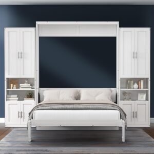 dnyn queen size murphy bed with desk & two slide storage shelf & 68-inch wall bedframe folding into cabinet design,for small space,bedroom,guest room, white