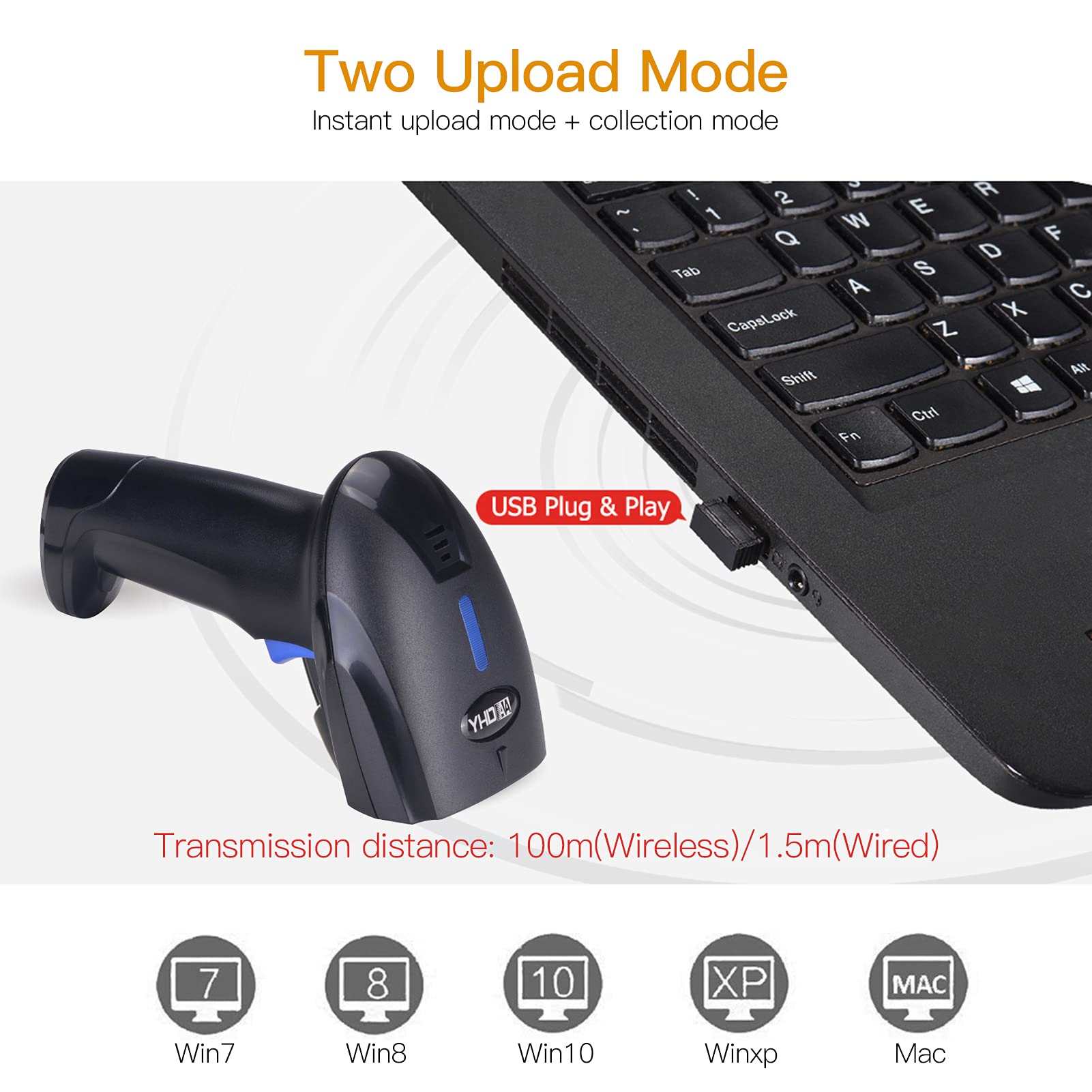 SHUAIGUO 2-in-1 2.4G Wireless Barcode Scanner & USB Wired Barcode Scanner Automatic Handheld 1D Bar Code Scanner Reader with Rechargeable Battery Mini USB Receiver USB Cable for Computer Laptop