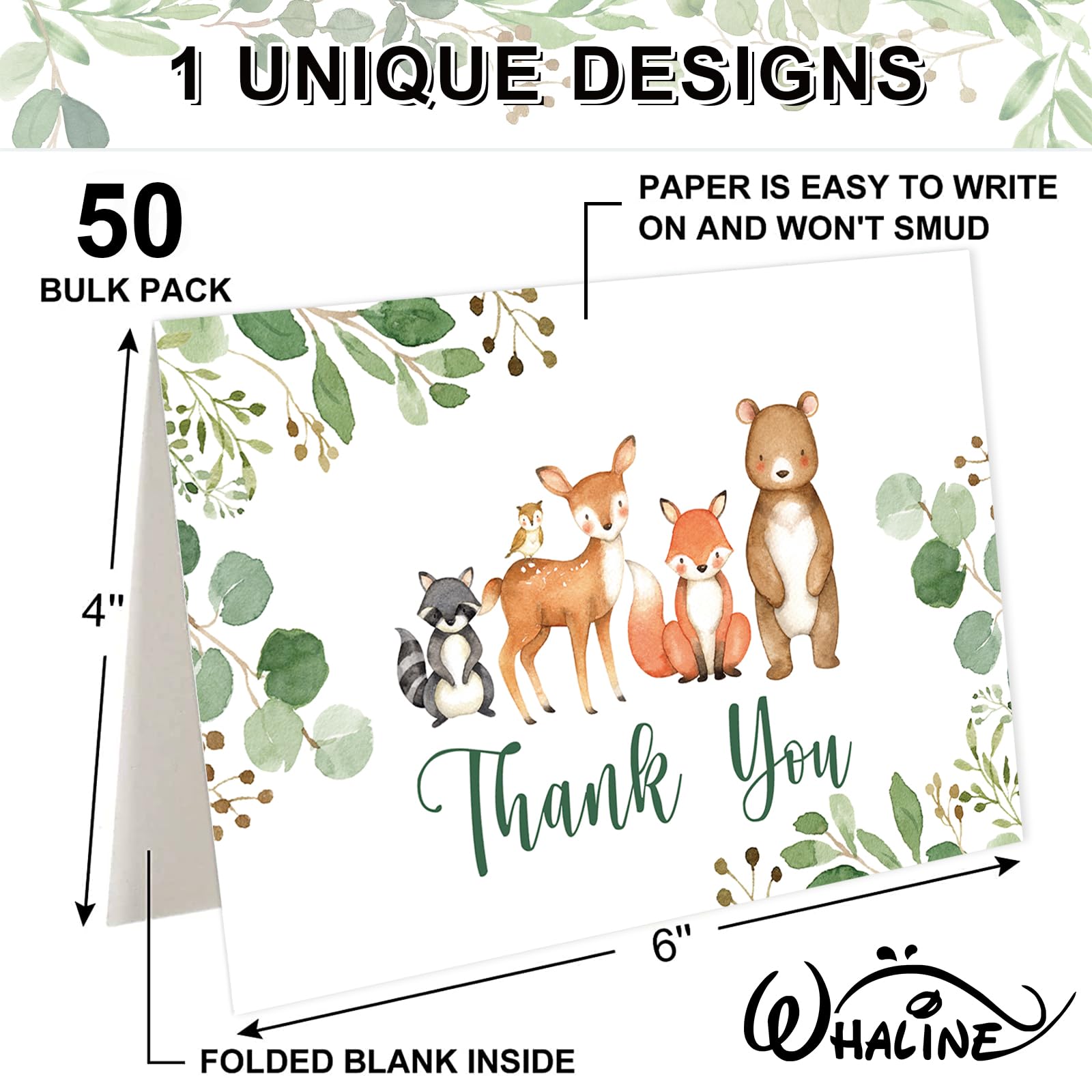 Whaline 50 Pack Woodland Thank You Cards with Envelopes Stickers Forest Animal Greeting Cards Blank Note Cards for Baby Shower Birthday Wedding, 4 x 6 Inch