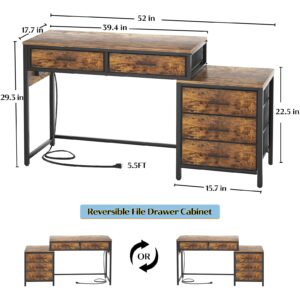 Hyomdeck Computer Desk with 5 Drawer, Reversible Office Desk with Power Outlets and USB Charging Port, Sturdy Writing Table with File Cabinet Printer Stand, PC Desk for Small Spaces, Rustic Brown