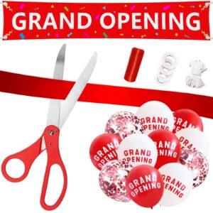 purreitti red grand opening ribbon cutting ceremony kit with 25" giant scissors, 5yd 4" wide ribbons, 10ft grand opening banner with rope, 30 pack balloons set with 3 rolls 32ft ribbons