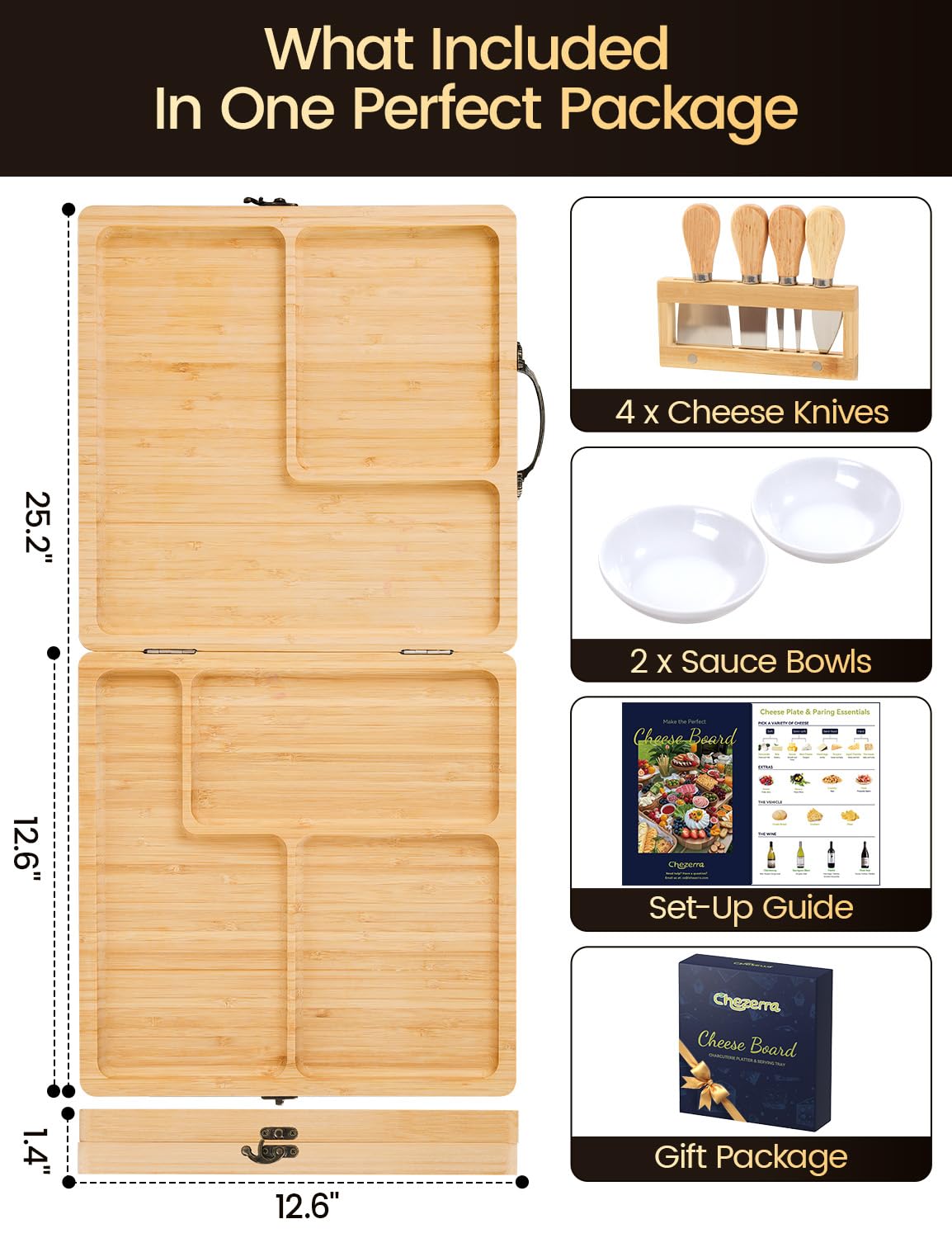 Charcuterie Boards Gift Set, Chezerra Bamboo Cheese Board Set, Folding Cheese Board with Handle, Cheese Knife Set - Unique White Elephant, House Warming, Wedding Gift, Portable Outdoor Cheese Plate