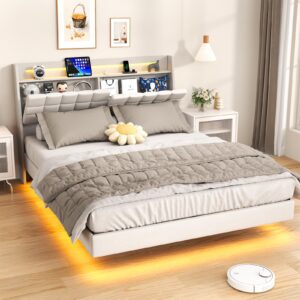 zevemomo floating queen bed frame with storage, upholstered platform bed frame queen with led lights, floating bed frame with headboard, charging station with usb ports, noiseless, white