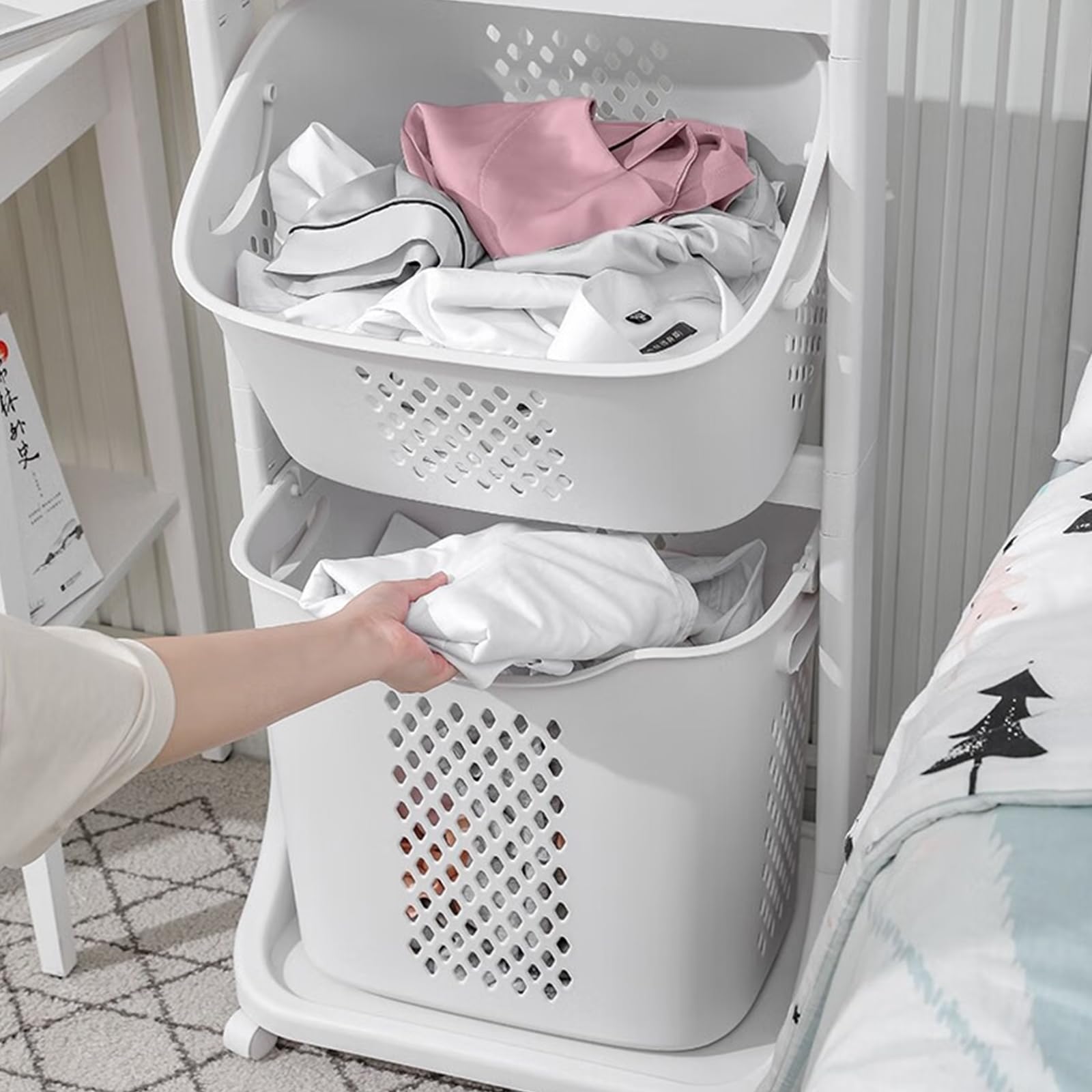 BAOKALER 4-Tier Laundry Hamper Sorter, Laundry Storage Organizer with Wheels Removable Rolling Laundry Baskets, Bathroom Cart for Dirty Clothes