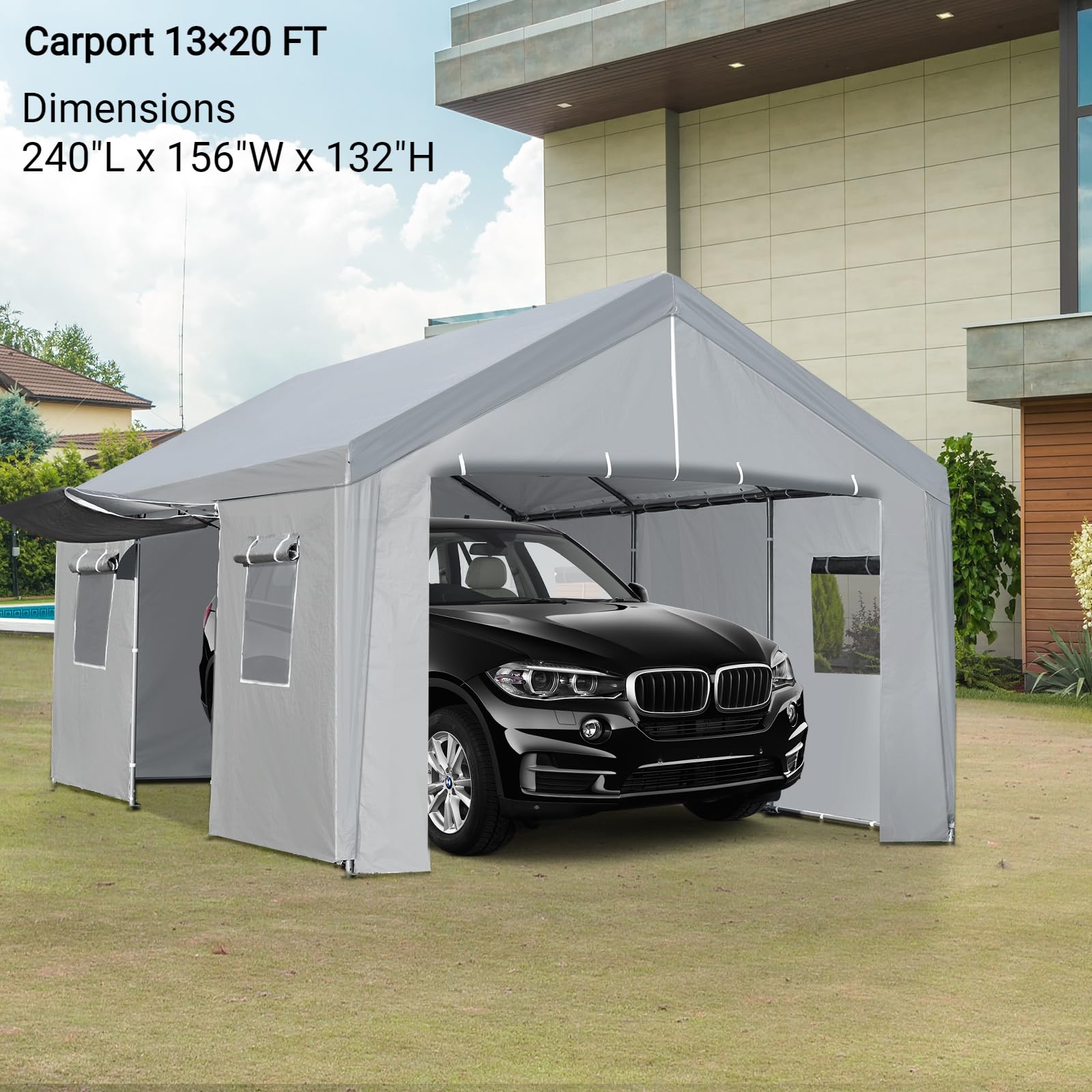 GarveeLife Carport 13x20FT, Heavy Duty Carport Canopy, Portable Garage with Removable Sidewalls & Doors, Roll Up Mesh Window, PE Waterproof Canopy, Reinforced Steel Pipes Tube Wall Thickness, Grey