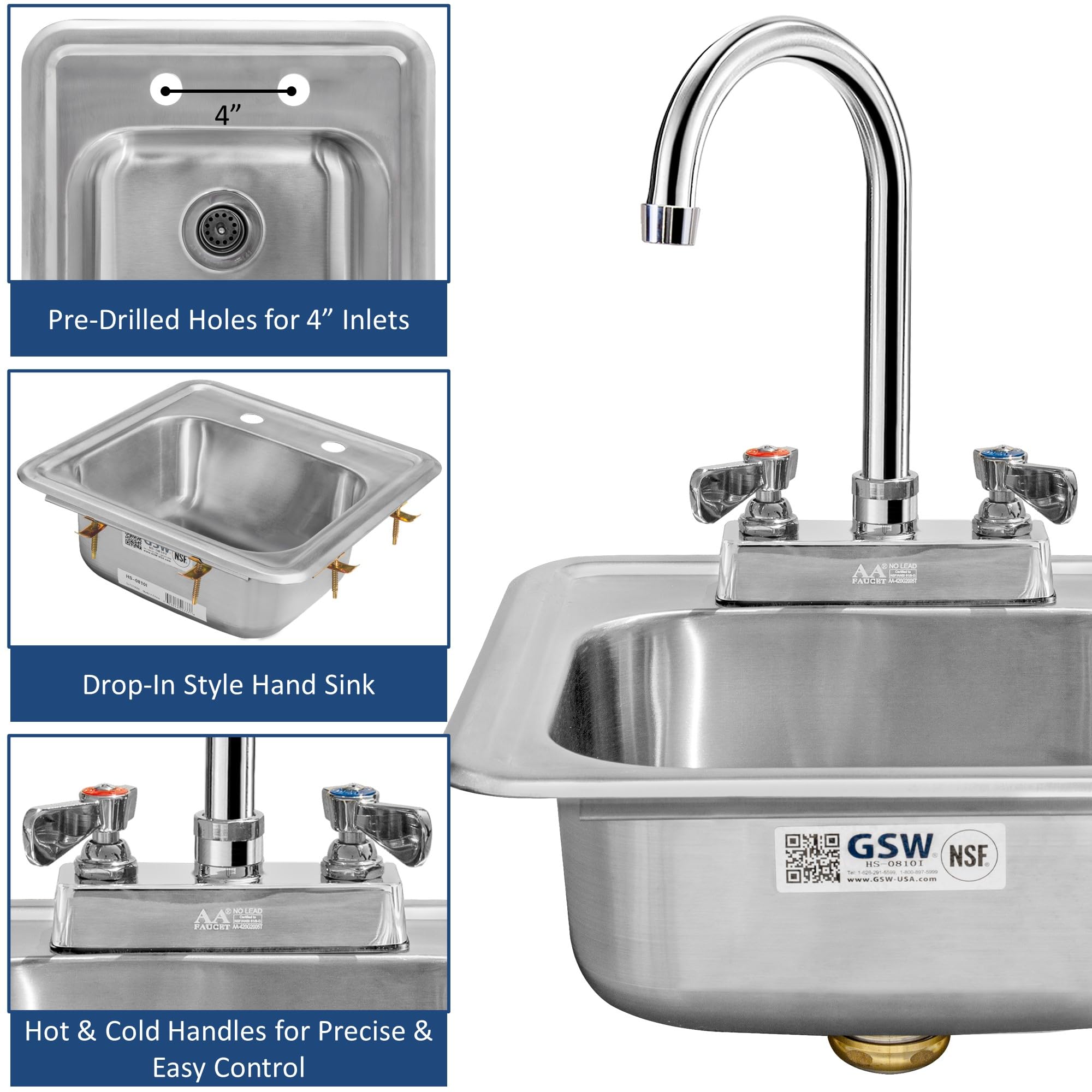 GSW HS-0810I Mini 13" x 13" Commercial Stainless Steel Drop-In Hand Sink with Gooseneck Faucet for Restaurants, Kitchens, Clinics, Bars