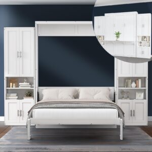 DNYN Queen Size Murphy Bed with Desk & Two Slide Storage Shelf & 68-inch Wall Bedframe Folding into Cabinet Design,for Small Space,Bedroom,Guest Room, White