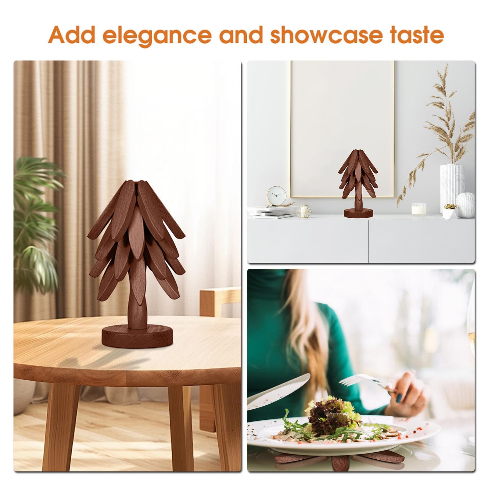 Wooden Trivets for Hot Dishes, Tree Shape Trivet Set, Foldable Kitchen Wooden Trivets, Tree Coaster for Hot Dishes, Pot, Bowl, Teapot, Wooden Trivets Like a Christmas Tree (Sapele Wood)