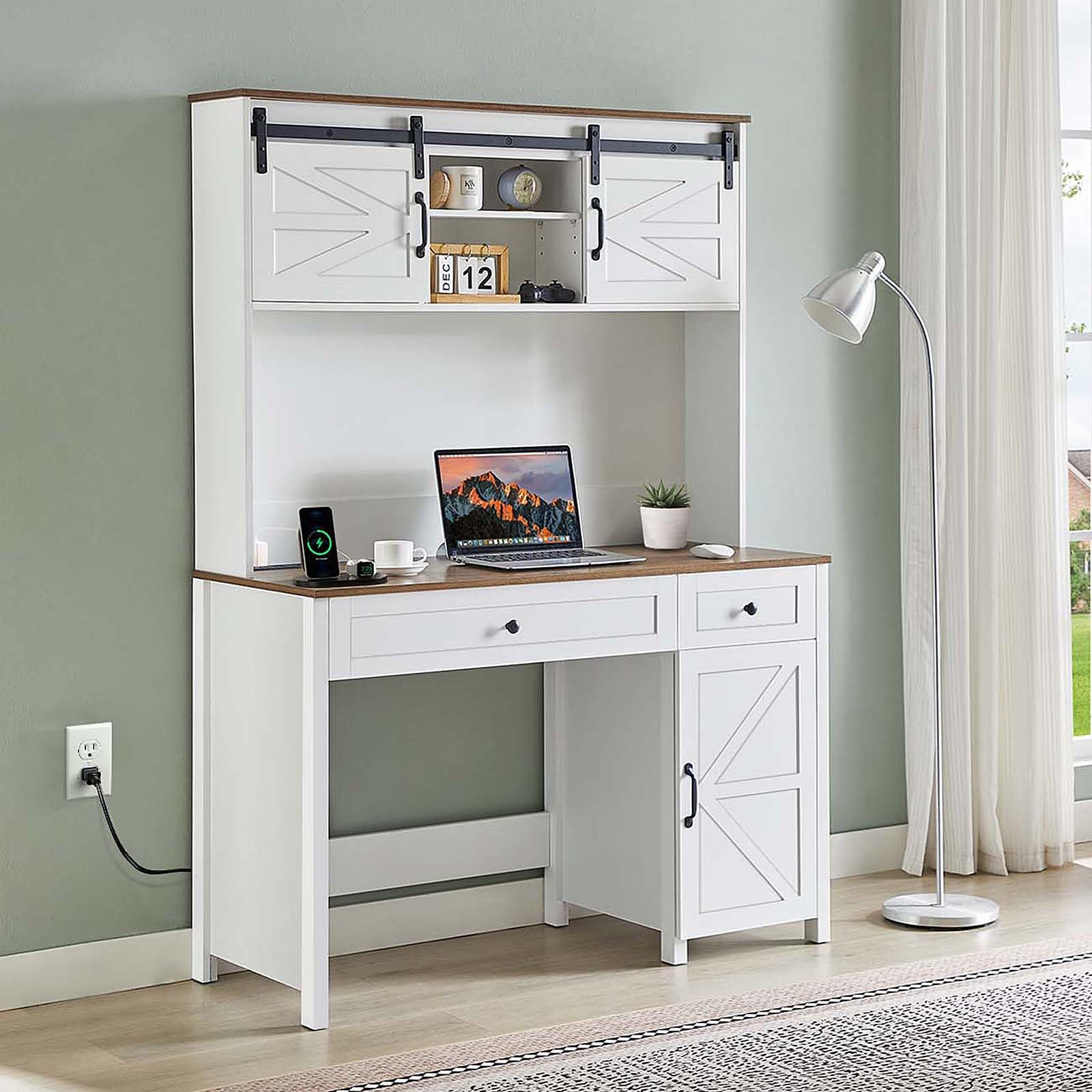 Tatub 47" Farmhouse Desk with Drawers & Power Outlet, White Executive Desk with Storage & Sliding Door Lockers, Computer Desk with Hutch and Drawers, Rustic Brown