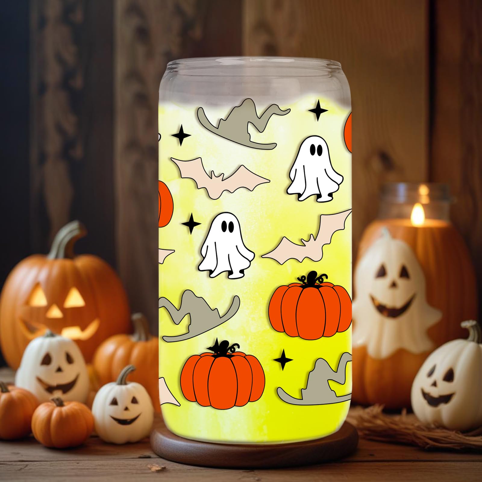 Halloween Cups - Halloween Gifts for Women - 16oz Ghost Bat Pumpkin Coffee Mug - Fall Tumbler with Lid and Straw - Spooky Drinking Glass for Her - Goth Halloween Party Favors