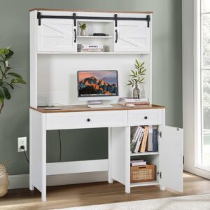 Tatub 47" Farmhouse Desk with Drawers & Power Outlet, White Executive Desk with Storage & Sliding Door Lockers, Computer Desk with Hutch and Drawers, Rustic Brown