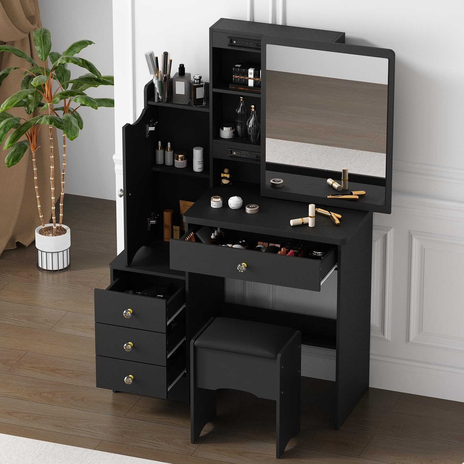 ROMSHINE Small Vanity Desk with Mirror, Makeup Vanity with Shelves & 4 Drawers, Vanity Table Set for Bedroom, Sliding Mirror, Cushioned Stool, Space-Saving, Black, 35.2”W x 15.7”D x 52.4”H