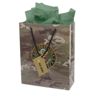 Havercamp U.S. Army Gift Bag (1) Durable Medium Gift Bag Includes 2 Hunter Green Tissue Papers, Black Rope Handles & Gift Tag, Army Themed Gift Bag, Veteran Gifts (Army Brown & Green)