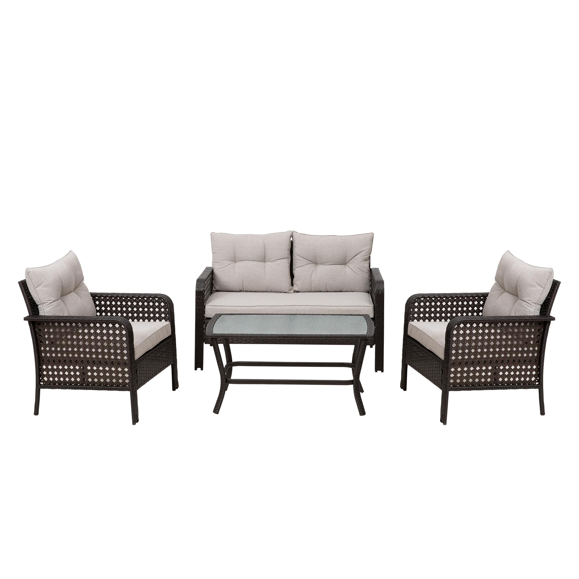 RoyalCraft Patio Furniture Set 4 Pieces, Wicker Conversation Sets with Cushions and Glass Coffee Table, Outdoor Rattan Chair for Garden Backyard Porch Balcony Deck, Brown and Beige