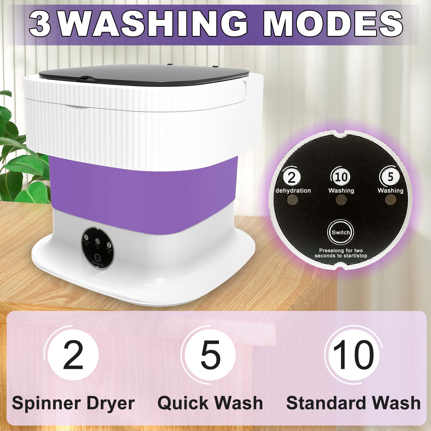 Mini Portable Washing Machine with Spin Dry, 13L Foldable Small Washer，Compact Laundry Lavadora Portatil for Underwear, Baby Clothes, Socks or Small ltems, Dormitory, Apartments, Travel, Purple