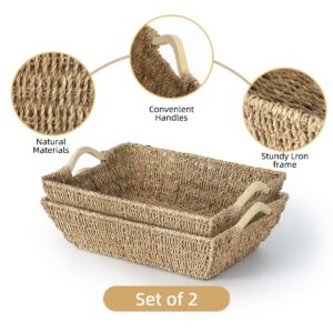 WEAVELYRICS 2-Pack Wicker Baskets with Wooden Handles, Hand-Woven Storage Baskets, Seagrass Wicker Baskets for Organizing, Decorative Baskets, Wicker Storage Baskets for Pantry, Shelves