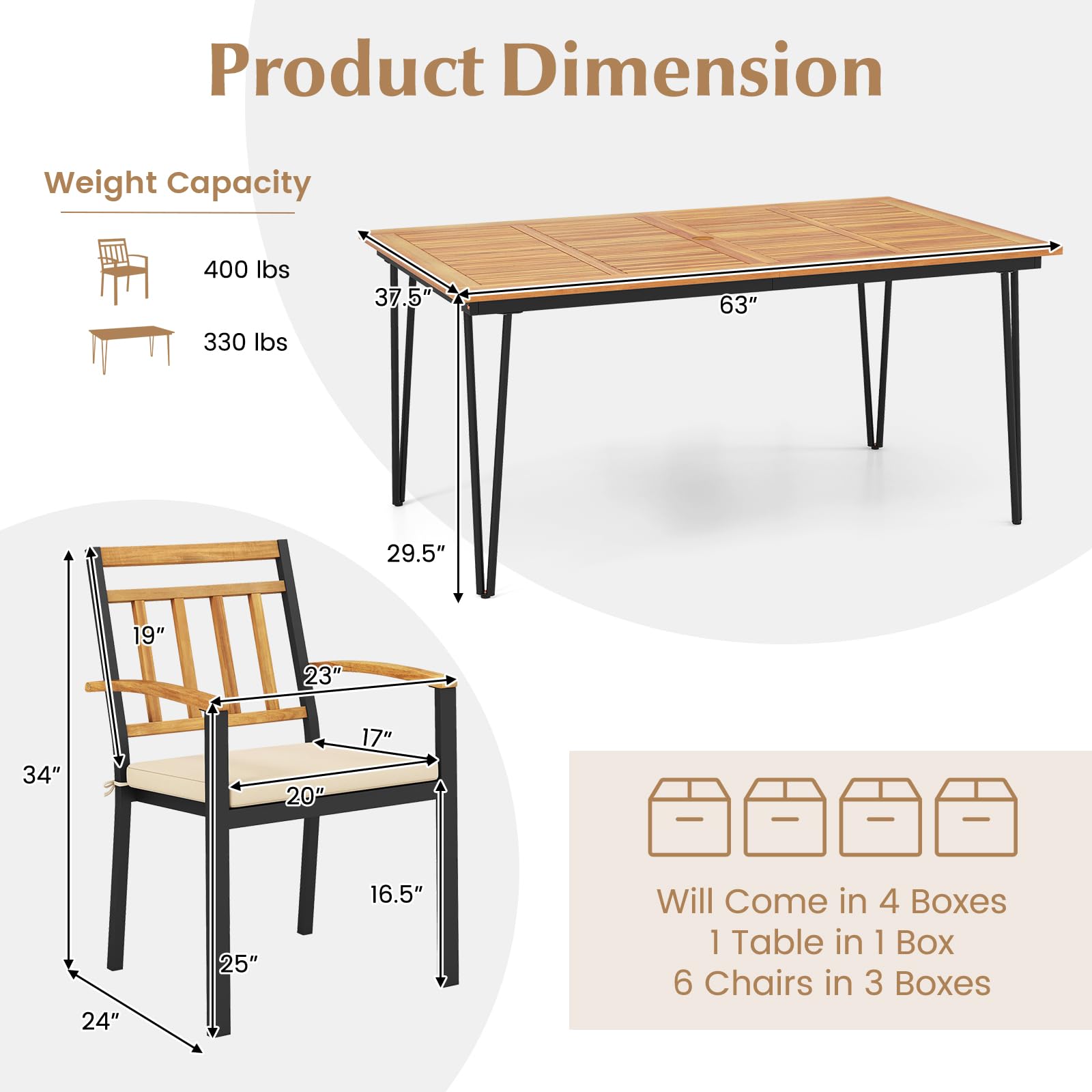 Tangkula 7 Pieces Patio Dining Set with Acacia Wood Dining Table & Armchairs, Soft Cushions, 2” Umbrella Hole, Outdoor Dining Furniture Set for Porch, Backyard, Garden, Poolside