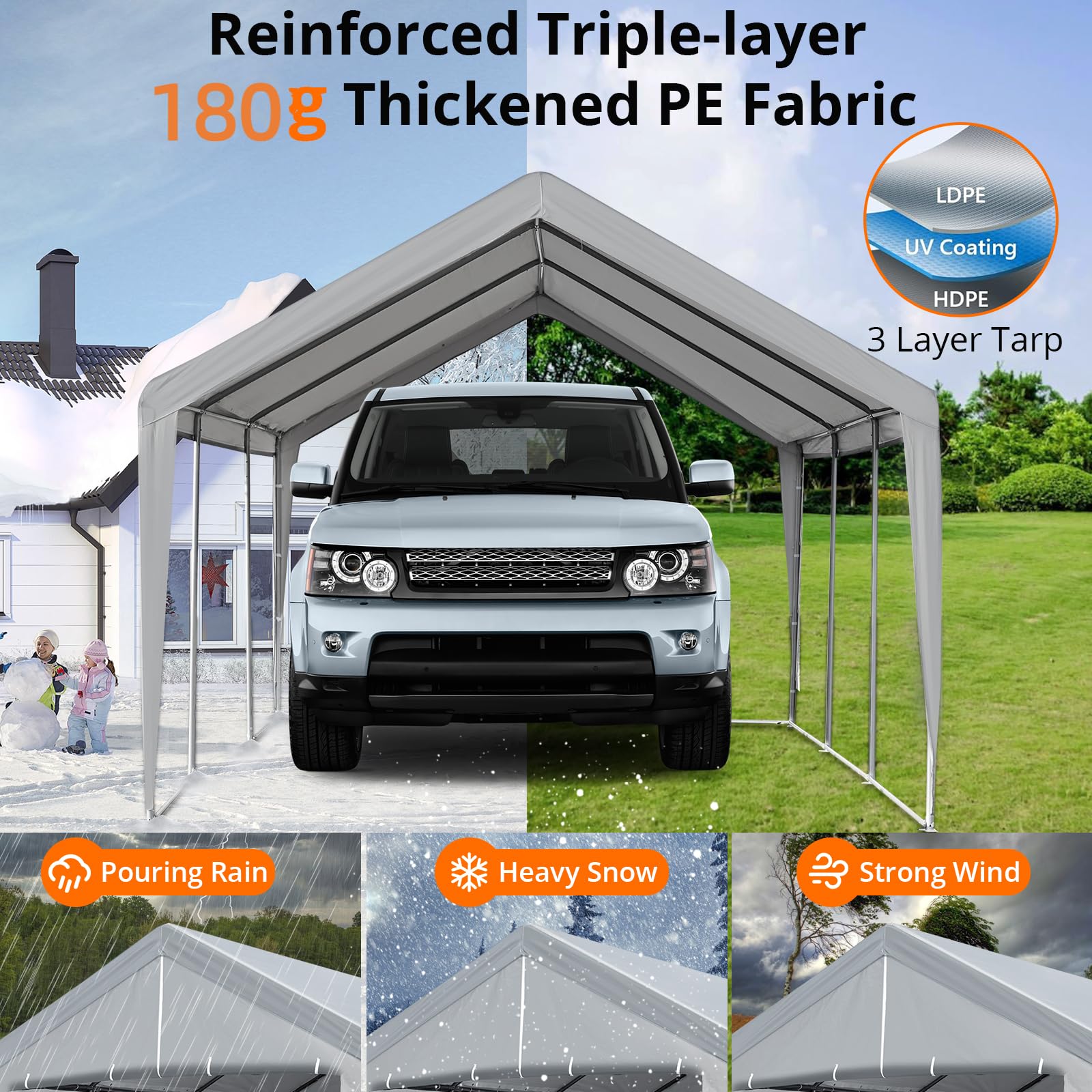 GarveeLife Carport 13x20FT, Heavy Duty Carport Canopy, Portable Garage with Removable Sidewalls & Doors, Roll Up Mesh Window, PE Waterproof Canopy, Reinforced Steel Pipes Tube Wall Thickness, Grey