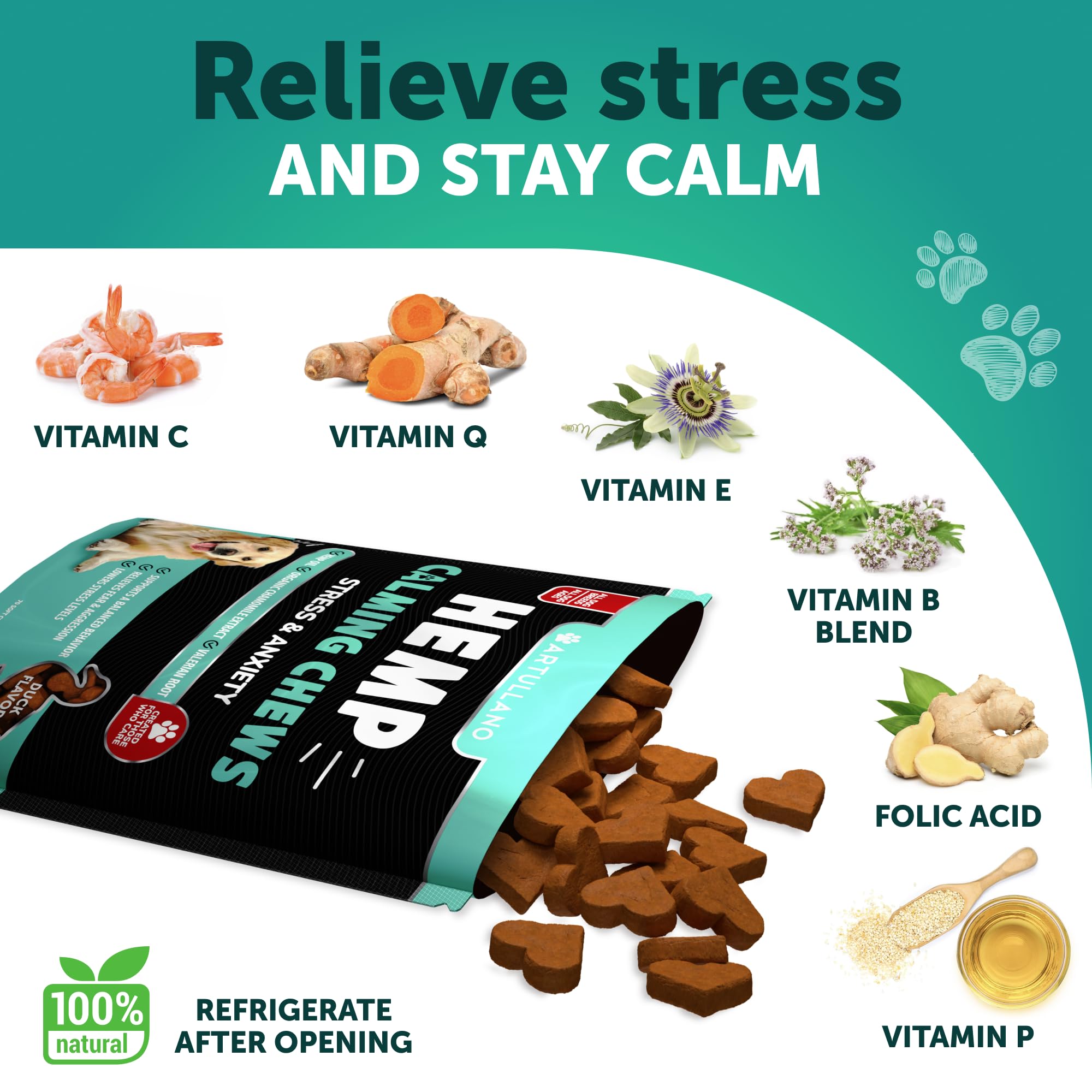 Artullano Hemp Calming Chews for Dogs - Advanced Dog Calming Treats - Dog Calming Chews - Anxiety Relief Treats - Thunderstorms, Separation Aid, Barking, Stress Relief - Hemp Oil - 70 Chews