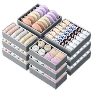 12-pack closet drawer organizer, 135 cells sock underwear organizer, foldable non-woven dresser fabric storage box divider bins for bra, socks, underware, ties, clothes, scarf and swimsuit (gray)