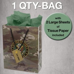 Havercamp U.S. Army Gift Bag (1) Durable Medium Gift Bag Includes 2 Hunter Green Tissue Papers, Black Rope Handles & Gift Tag, Army Themed Gift Bag, Veteran Gifts (Army Brown & Green)